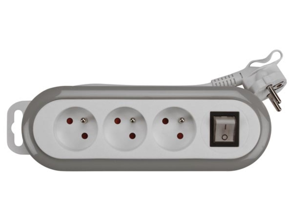 Perel EB3CG: 3-WAY POWER STRIP WITH SWITCH - GREY/WHITE - FRENCH SOCKET ...
