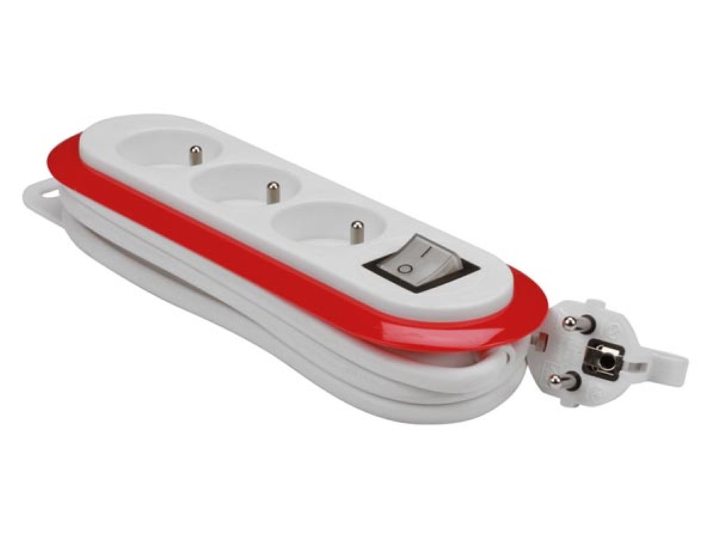Perel EB3CR: 3-WAY POWER STRIP WITH SWITCH - RED/WHITE - FRENCH SOCKET ...