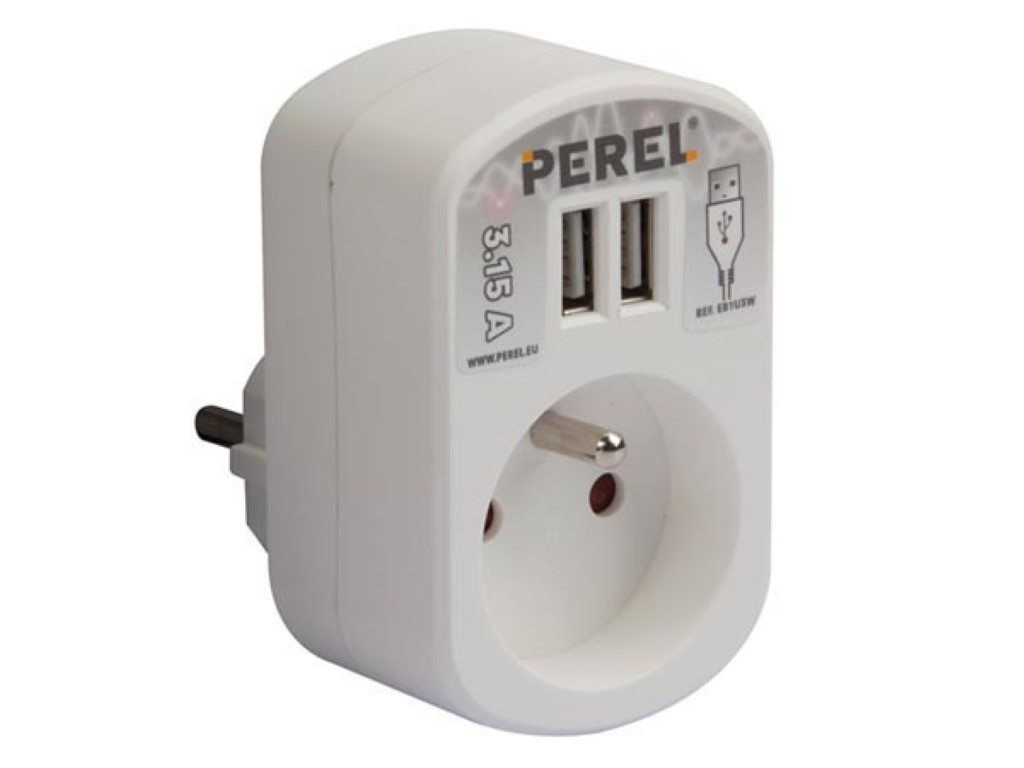 Perel EB1U3W: SINGLE POWER SOCKET WITH USB CHARGER - 2 PORTS - 3.15 A ...