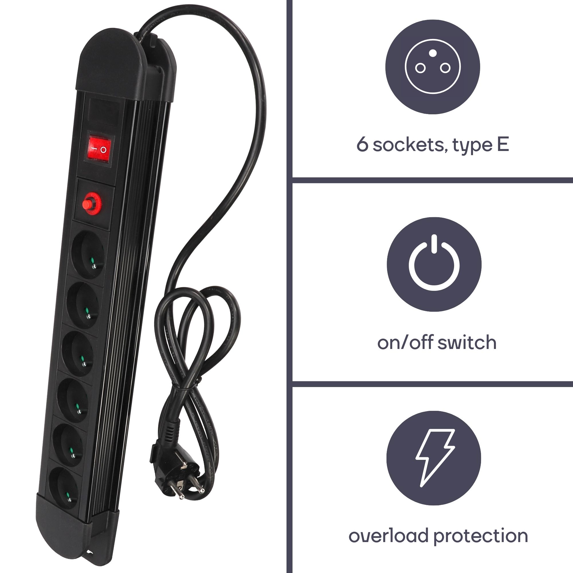 Perel EBP06N: Power strip with switch, overload protection, 6 outlets ...