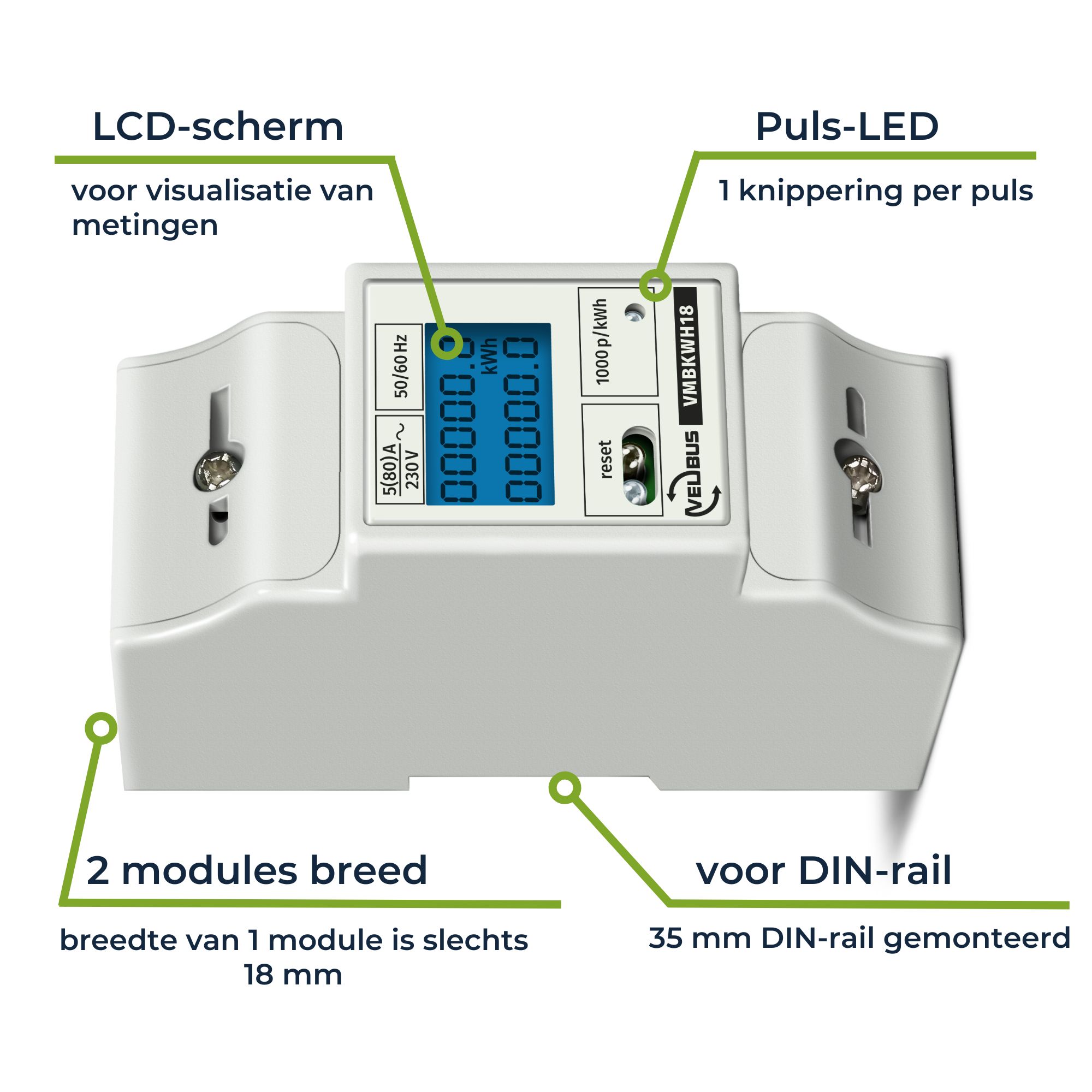 Velleman EMDIN02: Energiemeter din 1 fase, stroommeter, kWh meter voor ...